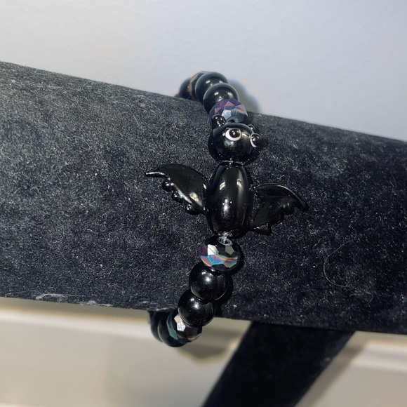 Jewelry | Handmade Bat Charm Bracelet Black Glass Iridescent Beads ...